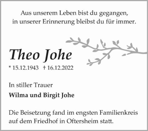 Traueranzeigen Von Theo Johe Trauerportal Ihrer Tageszeitung