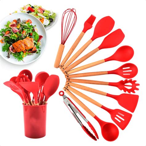 Kit 12 Utensílios Cozinha Silicone Cabo Madeira vermelho Submarino