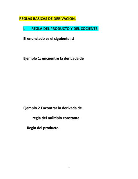 Regla Del Producto Y Cociente REGLAS BASICAS DE DERIVACION I REGLA