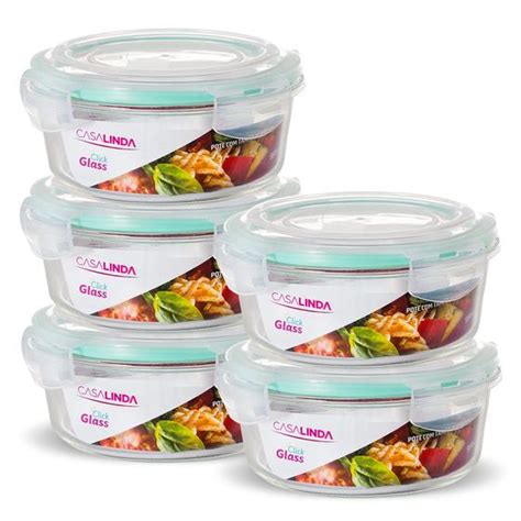 Kit 5 Potes Vidro Hermético Trava Redondo 950ml Marmita Casa Linda