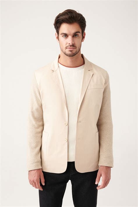 Avva Erkek Bej Mono Yaka Astarsız Triko Detaylı Slim Fit Dar Kesim