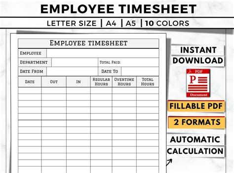 Employee Time Sheet Editable Timesheet Form Printable Timesheet