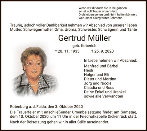 Traueranzeigen Von Gertrud M Ller Trauer Hna De