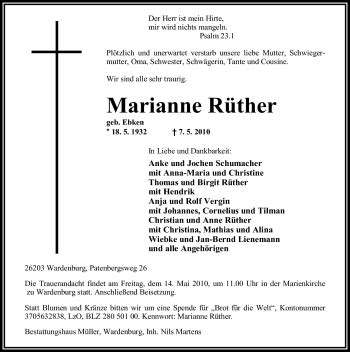 Traueranzeigen von Marianne Rüther nordwest trauer de