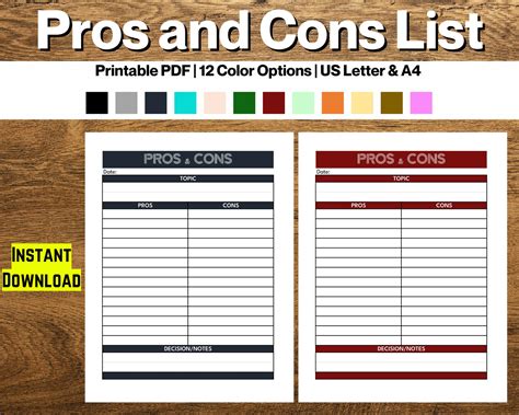 Printable Pros And Cons List Pros And Cons Template Printable