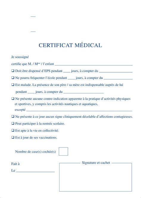 Certificat médical pré imprimé format A5 148 x 210