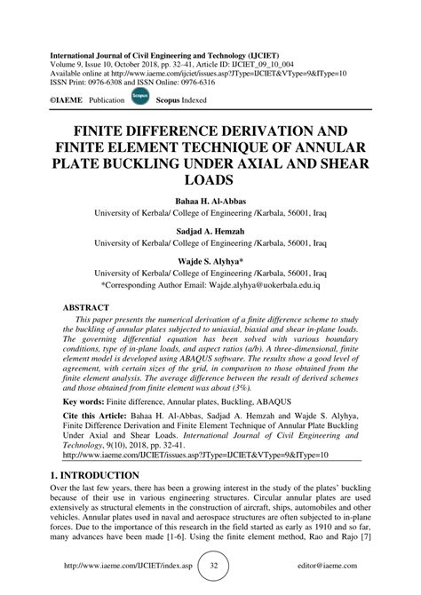pdf finite difference derivation and finite element technique ofannular plate buckling under