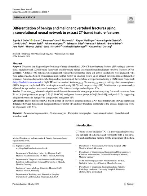 pdf differentiation of benign and malignant vertebral fractures using a convolutional neural