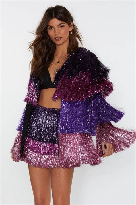 Metallic Tiered Tinsel Fringe Open Front Jacket Fringe Jacket