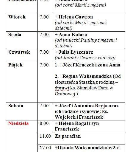 Intencje Mszy św Parafia świętej Jadwigi Śląskiej w Waksmundzie