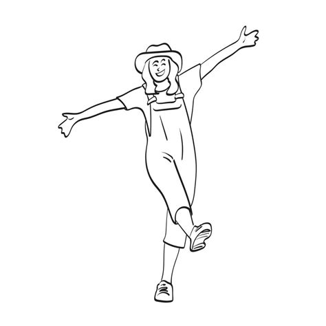 Line Art Full Length Of Farmer Girl Spreading Her Arms Illustration Vector Hand Drawn Isolated