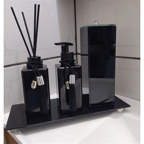 Kit Lavabo Banheiro Vidro Preto Difusor De Ambiente Aromatizador De