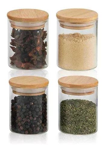 Kit 4 Potes Porta Mantimentos De Vidro Tampa De Bambu 200ml