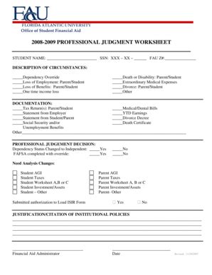 Fillable Online Fau 2008 2009 PROFESSIONAL JUDGMENT WORKSHEET Fau Fax