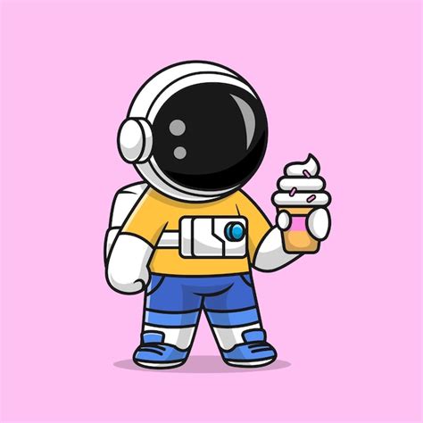 Lindo astronauta niño comiendo cono de helado dibujos animados vector