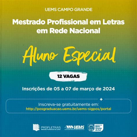 UEMS CG Mestrado Profissional em Letras abre inscrições para aluno