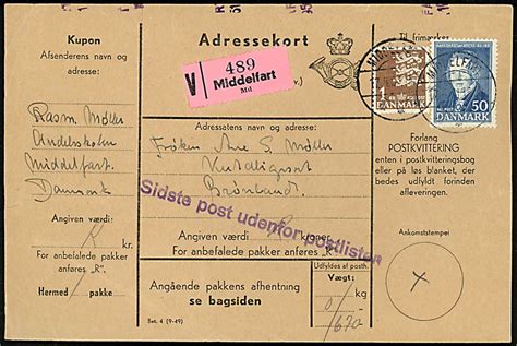 50 øre Ørsted og 1 kr Rigsvåben på adressekort for anbefalet