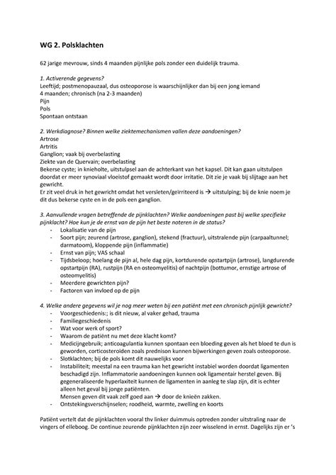 Werkgroep Uitwerkingen 3 Vragen En Uitwerkingen Polsklachten WG 2