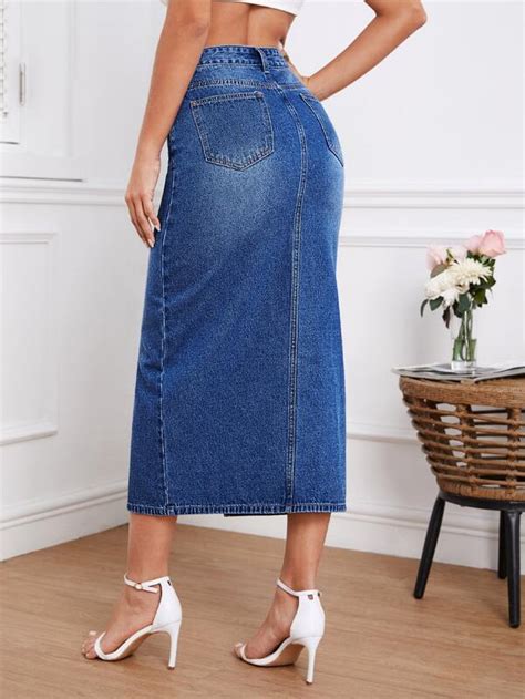 SHEIN Essnce Falda En Mezclilla De Talle Alto De Muslo Con Abertura