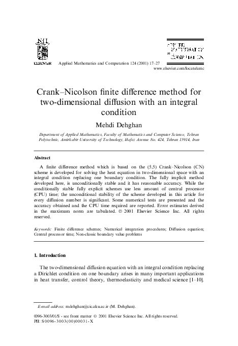 pdf crank nicolson finite difference method for two dimensional diffusion with an integral