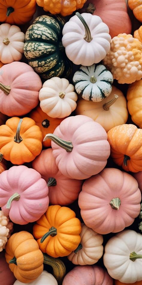 Many Small Pumpkins Are Stacked Together On Top Of Each Other In