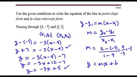 write the equation of the line that passes through the points 4 7 and 1 2 youtube