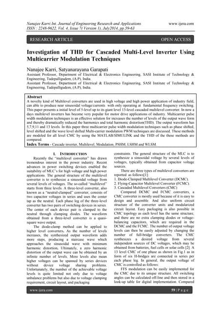 investigation of thd for cascaded multi level inverter using multicarrier modulation techniques