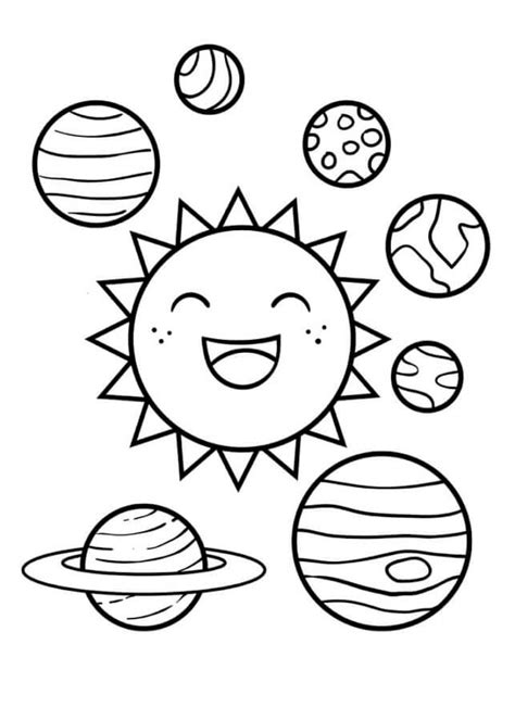 Fise de Colorat cu Soarele Se Bucură De Planetele Din Jurul Lui
