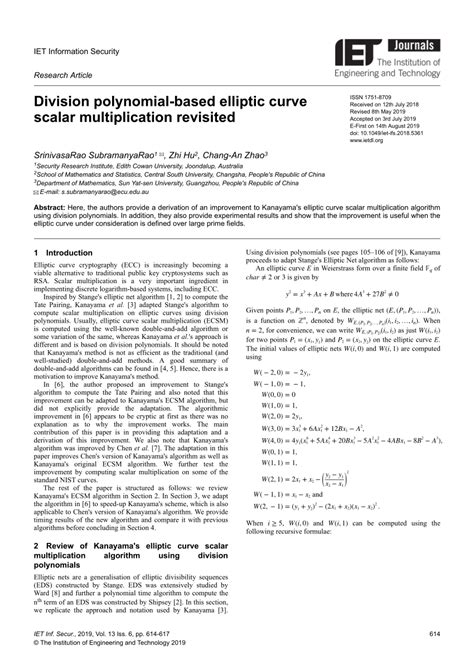 division polynomial based elliptic curve scalar multiplication revisited request pdf
