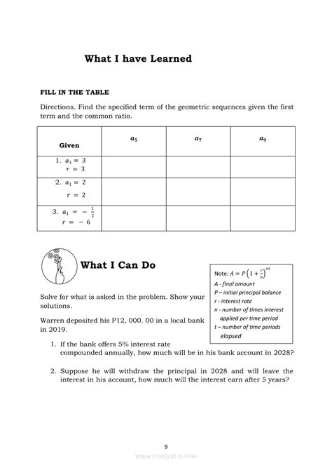 math 10 module 6 finding the nth term of a geometric sequence and geometric means grade 10