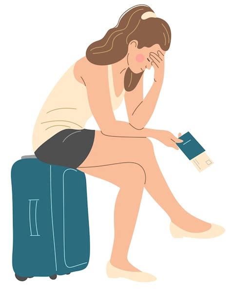 Uma mulher triste está sentada em uma mala Vetor Premium