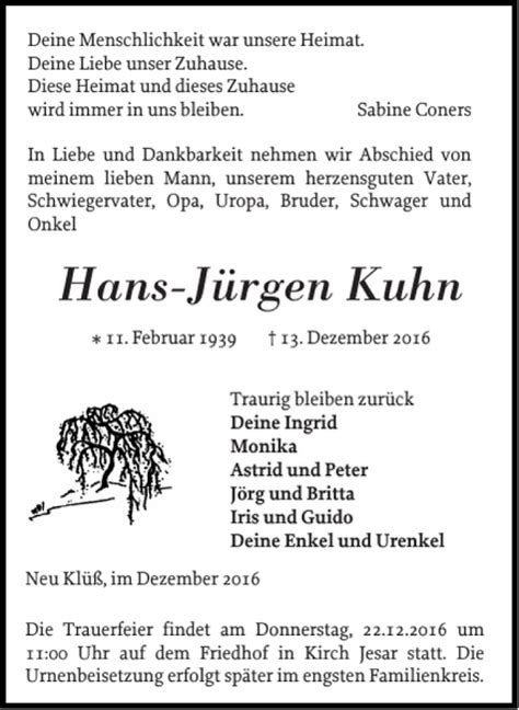 Traueranzeigen von Hans Jürgen Kuhn Trauer Nordkurier