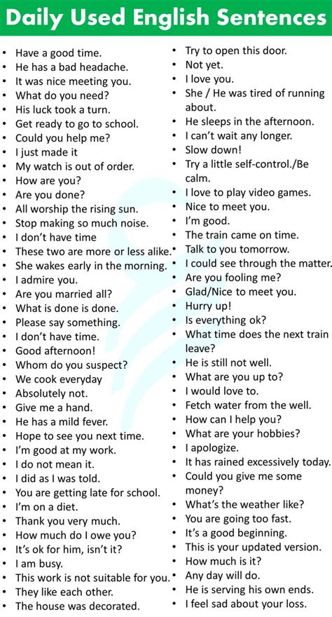 The Daily Use English Sentences List Is Shown In Green And White With