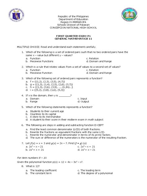 genmath pt q1 pdf equations function mathematics