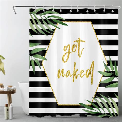 Hvest Get Naked Striped Shower Curtain For Bathroom Gold Lettering