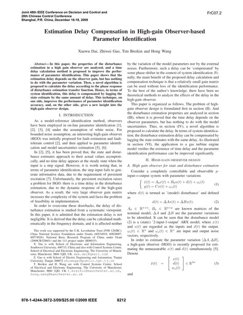 pdf estimation delay compensation in high gain observer based parameter identification