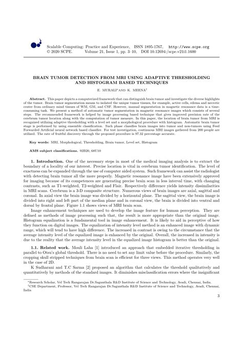pdf brain tumor detection from mri using adaptive thresholding and histogram based techniques