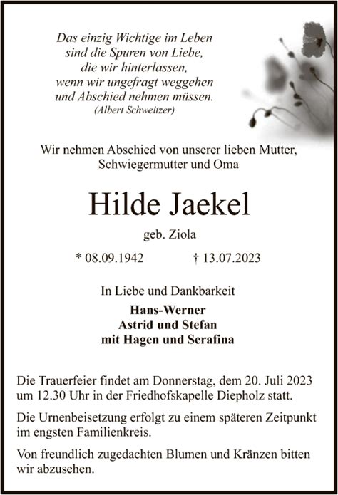 Traueranzeigen Von Hilde Jaekel Trauer Kreiszeitung De