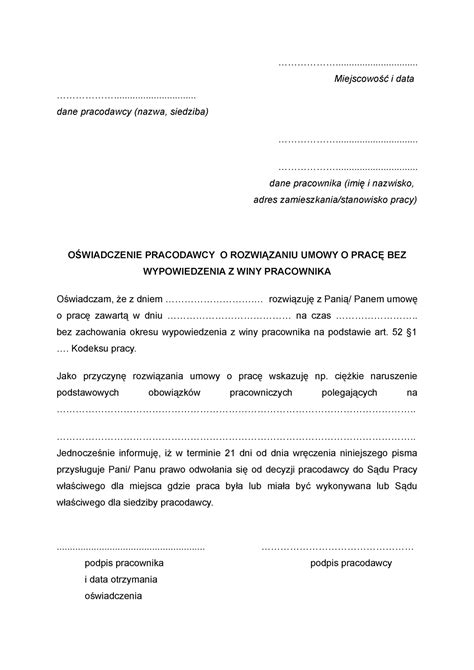 Wzor Oswiadczenia O Rozwiazaniu Umowy Bez Wypowiedzenia Studocu