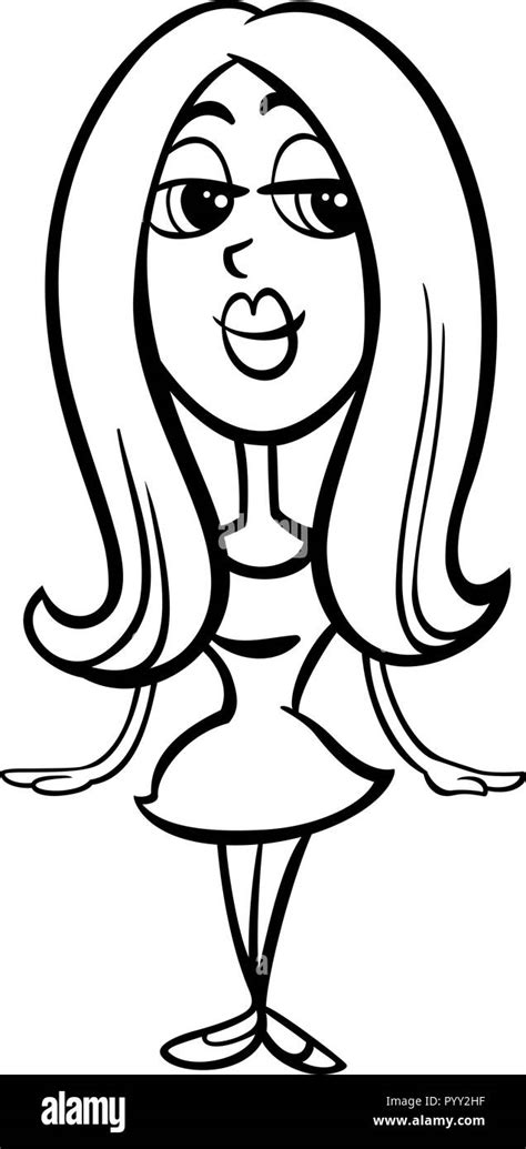 Ilustración caricatura en blanco y negro de la hermosa joven o niña