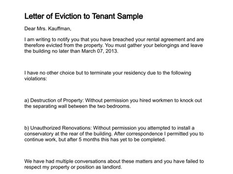 Free Printable Letter Of Eviction Form Generic