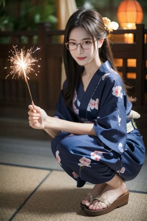 最高品質傑作高感度高解像度詳細な説明細身の女性眼鏡線香花火浴衣姿でしゃがむ下駄を履く SeaArt AI