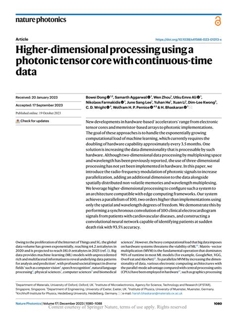 pdf higher dimensional processing using a photonic tensor core with continuous time data