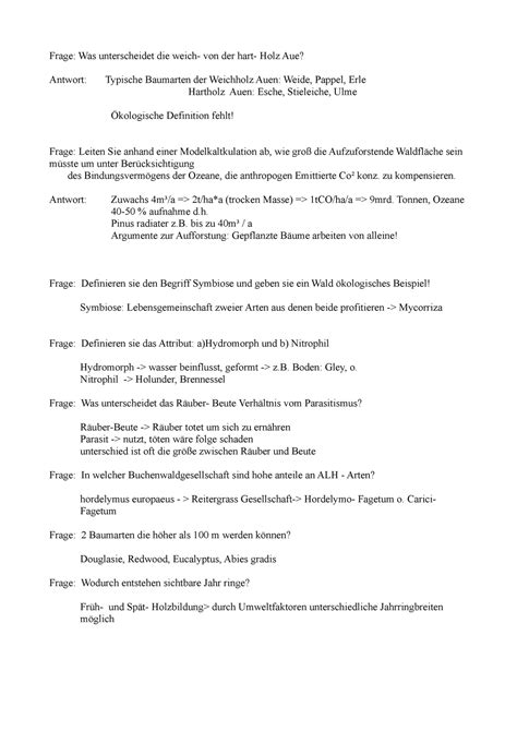 Übungen Fragenkatalog mit Lösung zur Vorlesung Waldökologie des
