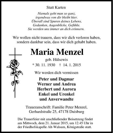 Traueranzeigen Von Maria Menzel Trauer In NRW De