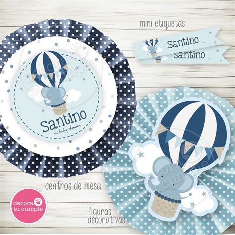 Kit imprimible elefante viajero globo aerostático azul