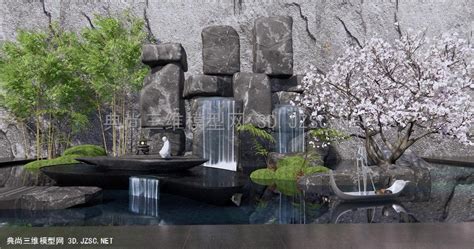 新中式假山水景 跌水景墙 石头 石块 叠水小品 庭院景观SU模型 石头SU模型