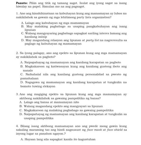 Panuto Piliin Ang Titik Ng Tamang Sagot StudyX