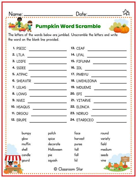 Pumpkin Word Scramble Worksheet Classroom Star Worksheets