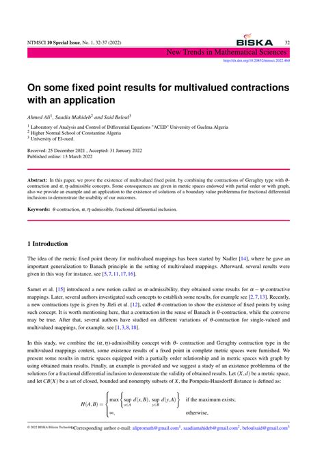 pdf on some fixed point results for multivalued contractions with an application